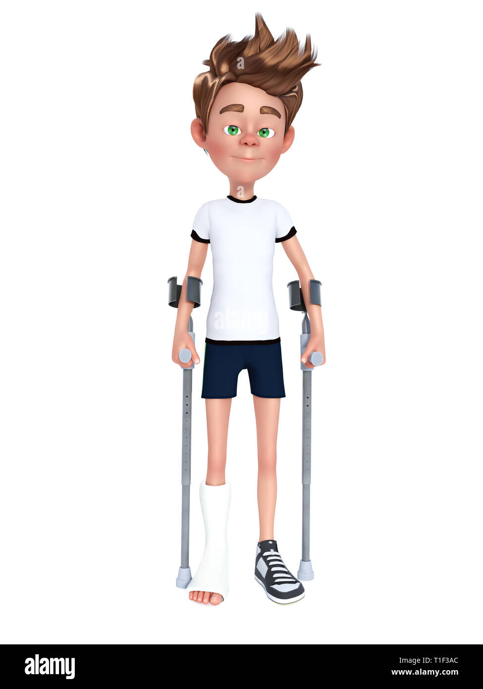 3D rendering of a cartoon boy having a broken leg in cast and using ...