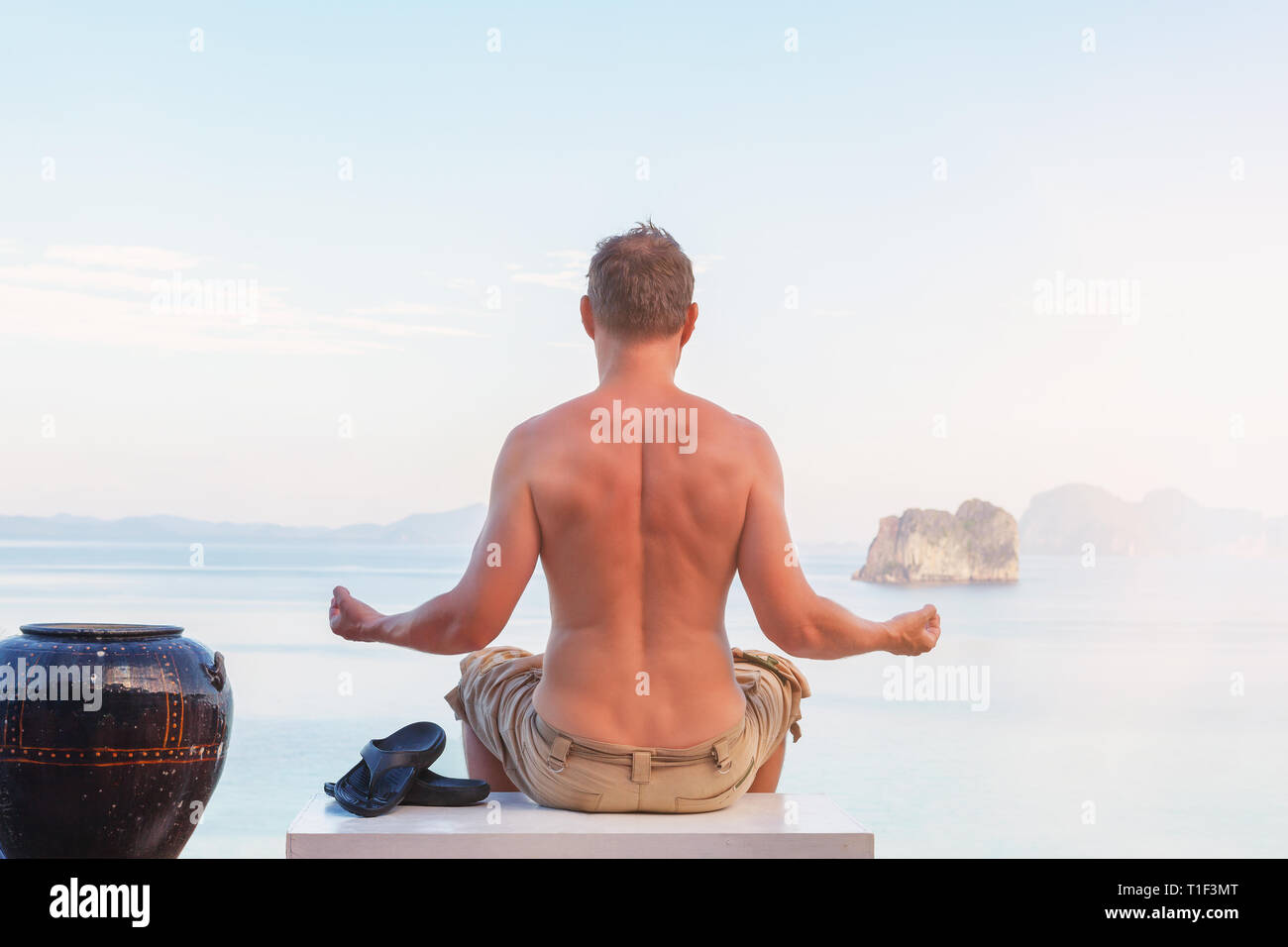 Young Man back view meditating against beautiful ocean view Stock Photo ...
