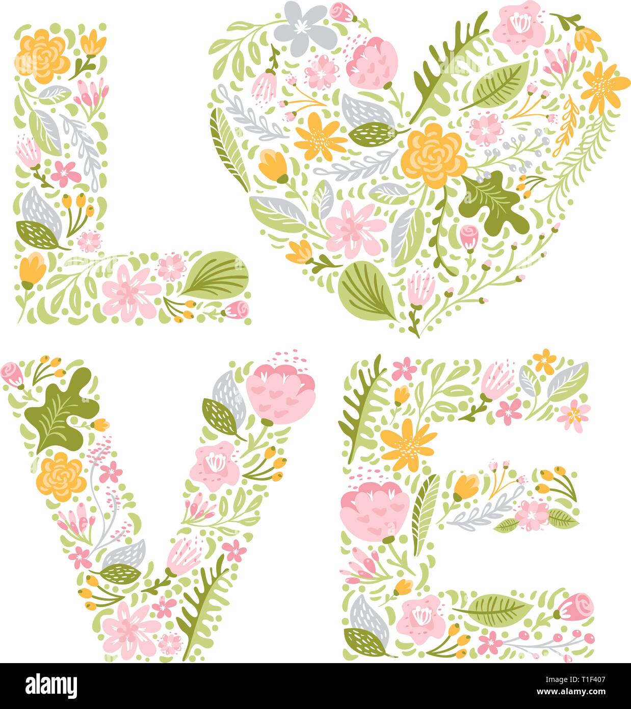 Floral summer word Love. Flower Capital wedding Uppercase letters ...