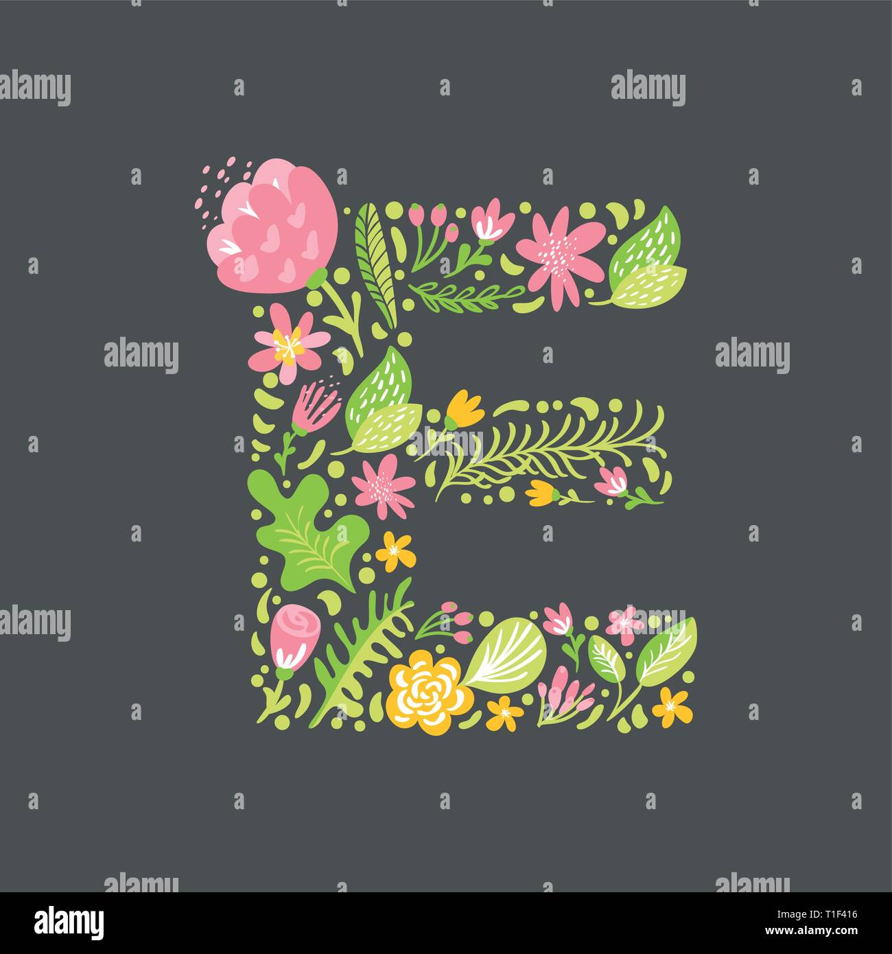 Floral summer Letter E. Flower Capital wedding Uppercase Alphabet ...