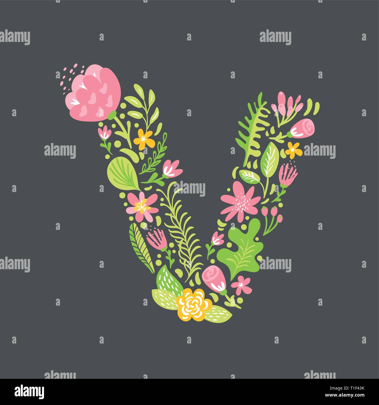 Floral summer Letter V. Flower Capital wedding Uppercase Alphabet ...