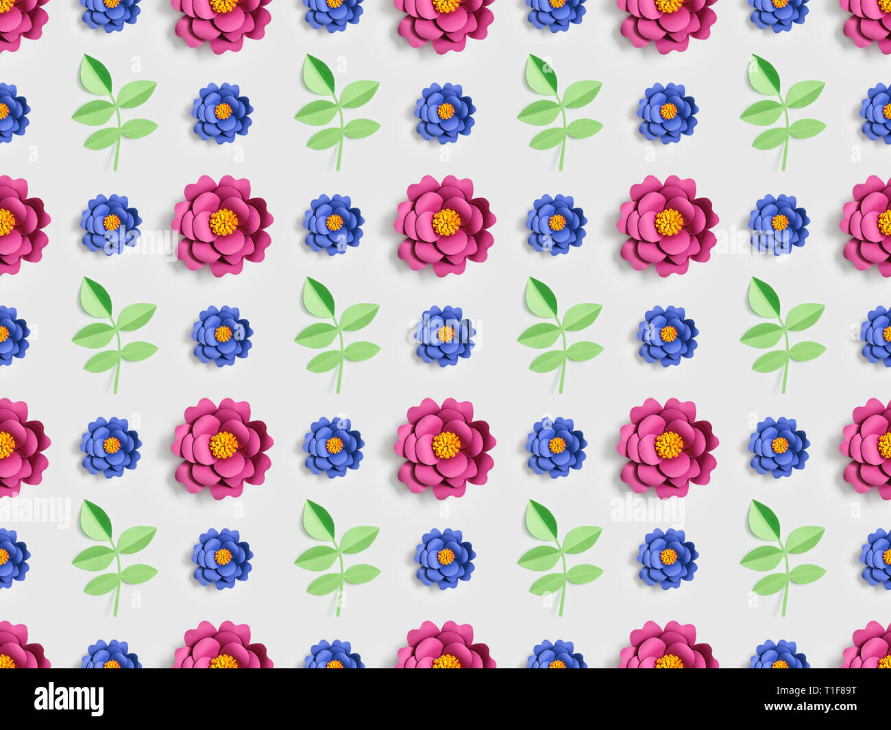 green plants with pink and blue paper flowers on grey, seamless ...