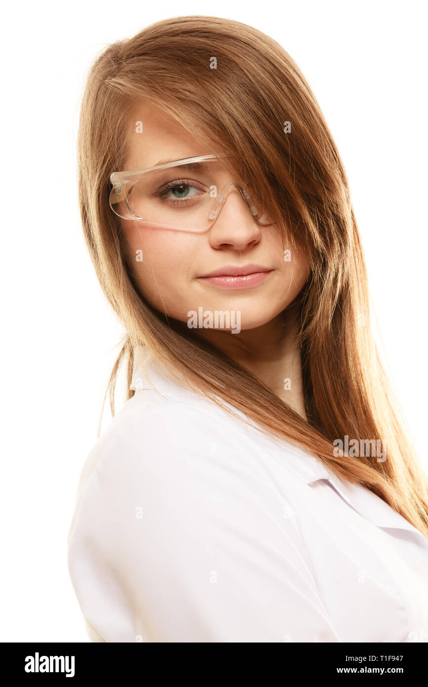 Experiments in laboratory. Chemist woman or girl student of chemistry ...