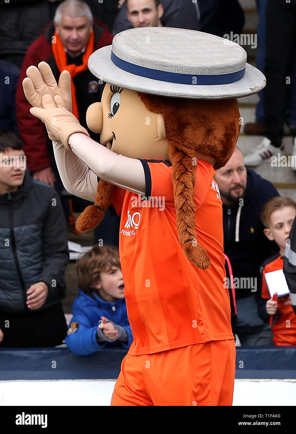 Luton Town mascot 'Happy Hatty' applauds the fans prior to kick-off ...