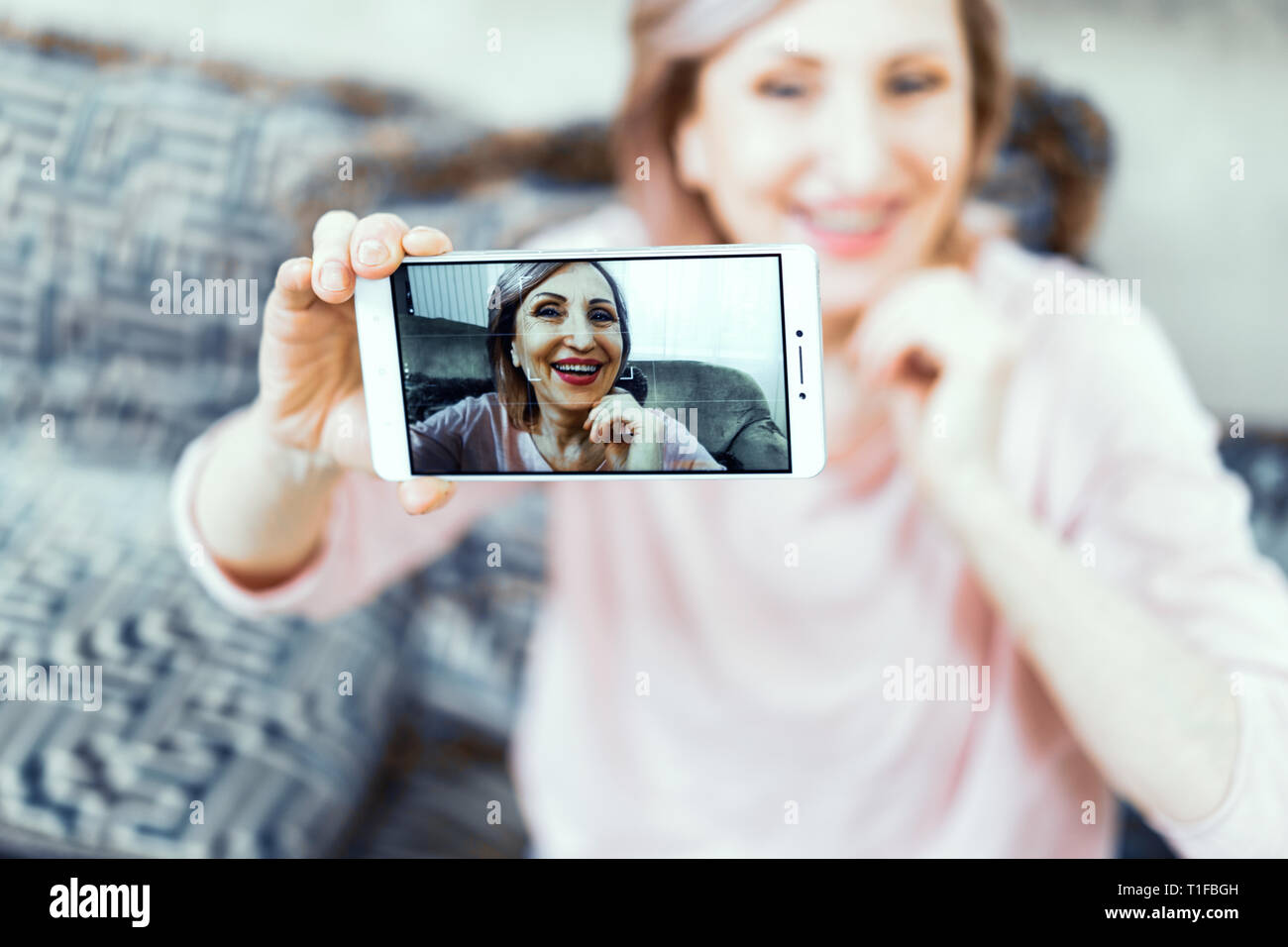 Woman selfie face home hi-res stock photography and images - Alamy