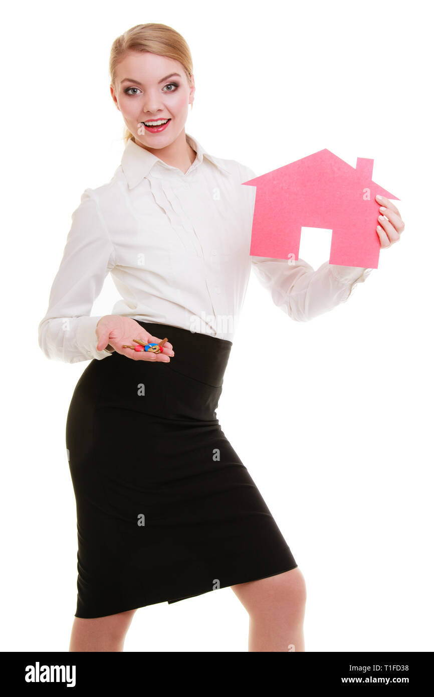 Woman real estate agent holding red paper house and keys. Property ...