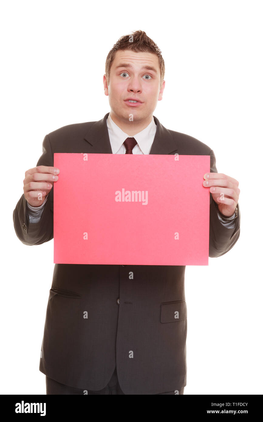 Nerdy business man or goofy student guy holding sign red blank copy ...