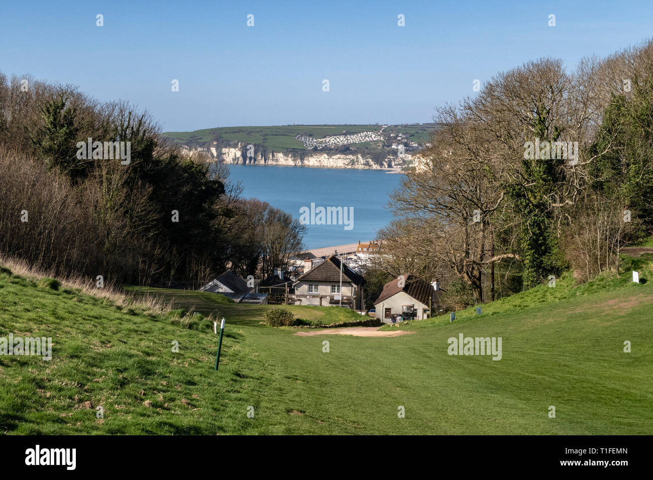 View across to Seaton from the South West Coastal path as it climbs up ...