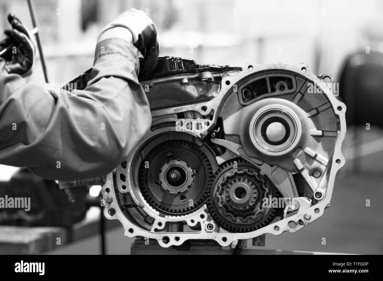 Repair of the engine, Automobile service, monochrome Stock Photo - Alamy