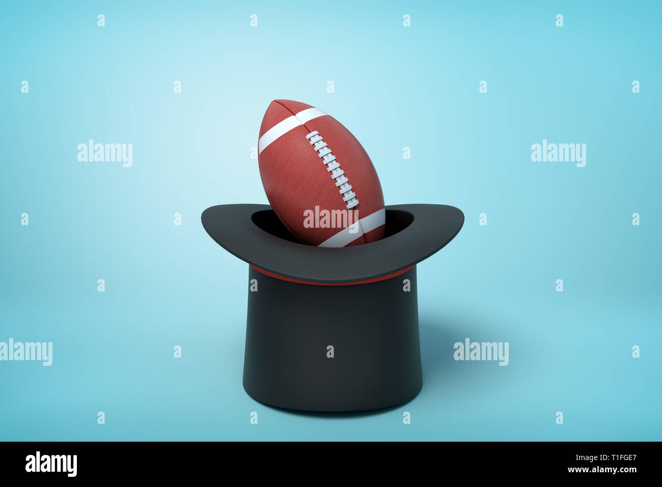 3d rendering of black tophat upside down with brown gridiron football ...