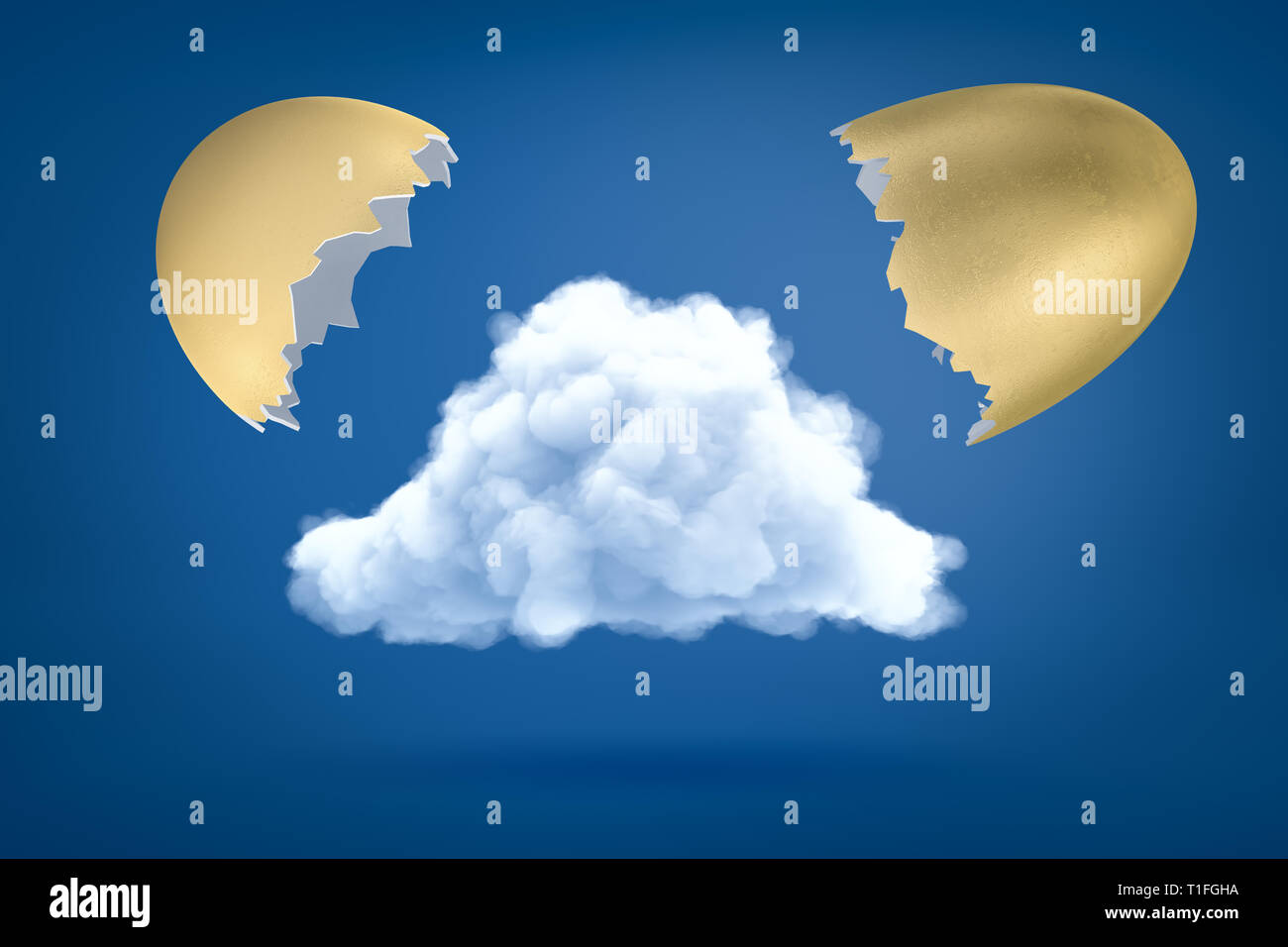 3d rendering of white fluffy cloud with two golden half eggshells on ...