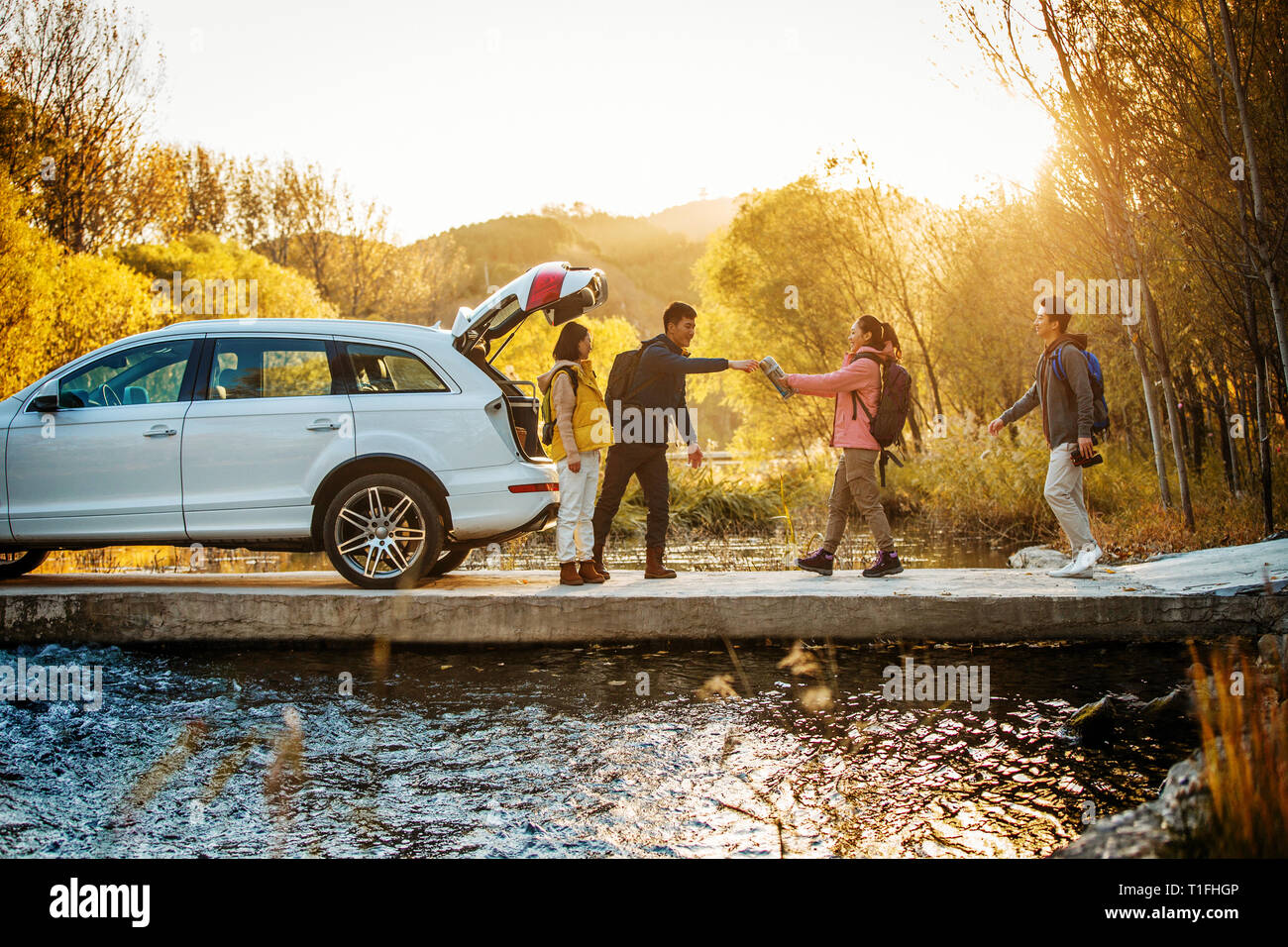 Young men and women outdoor outing Stock Photo - Alamy