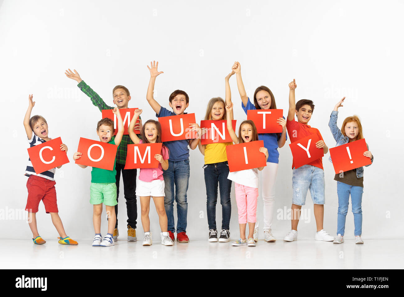 Community gives self-develop. Group of happy screaming children ...