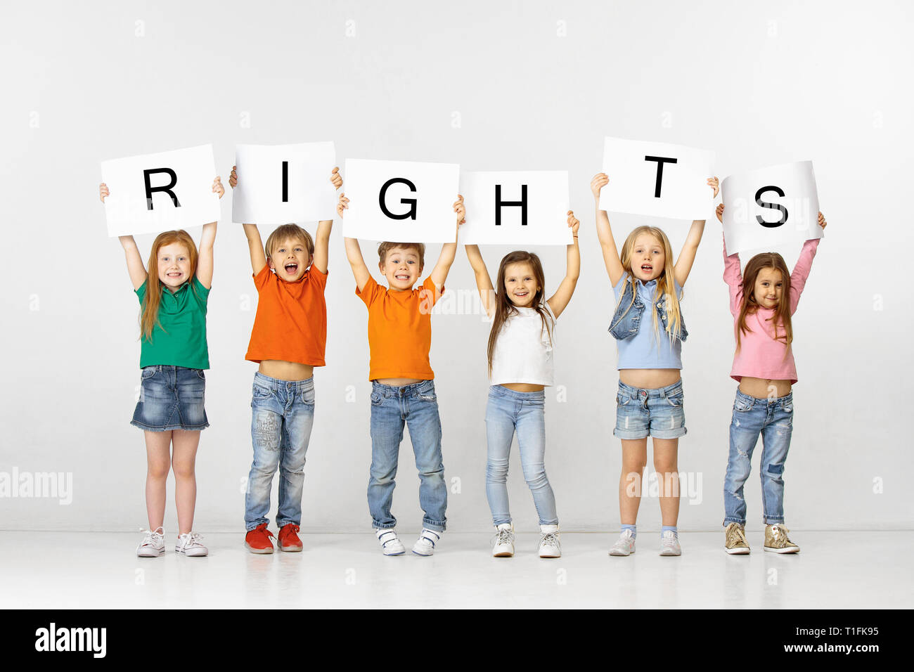 All people have rights. Group of happy smiling and screaming children ...