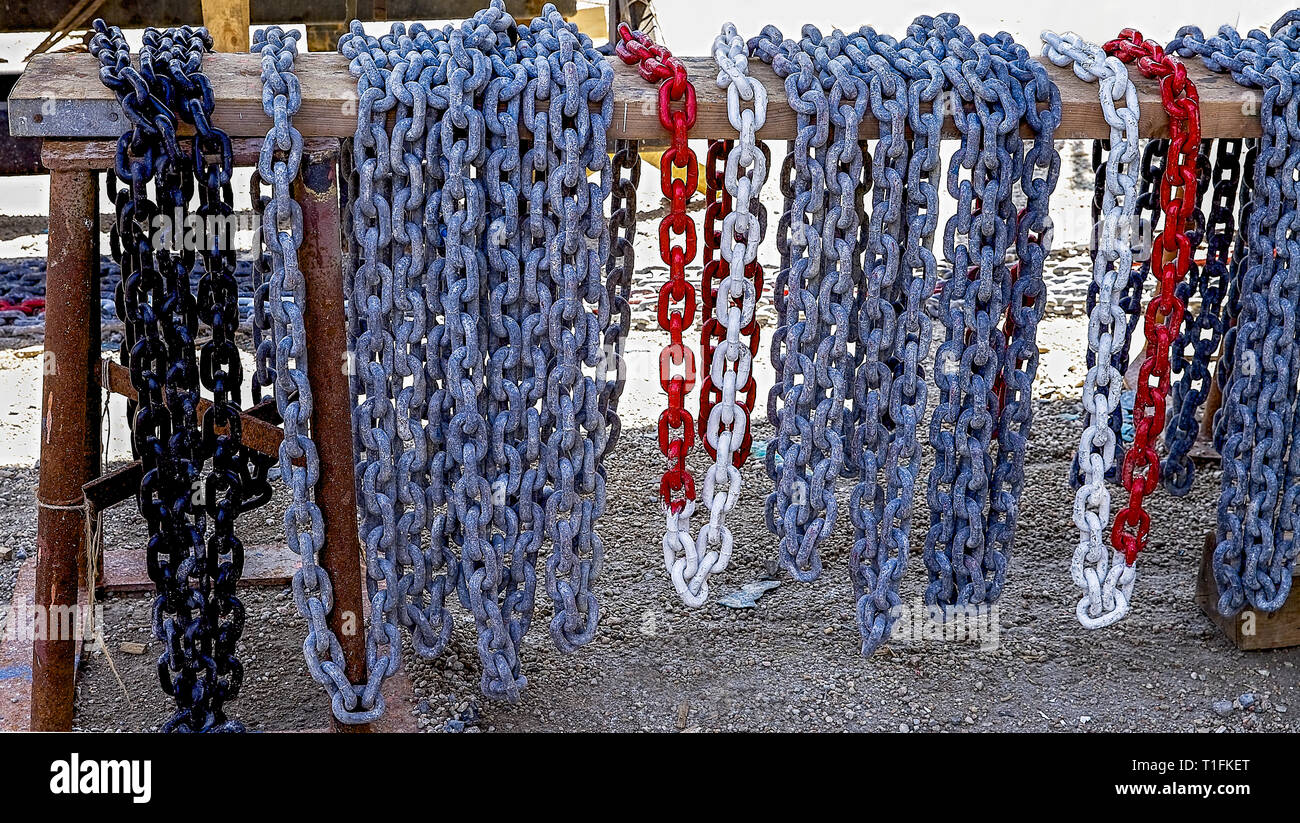 Anchor chains being repaired and maintained in shipyard. Stock Image ...
