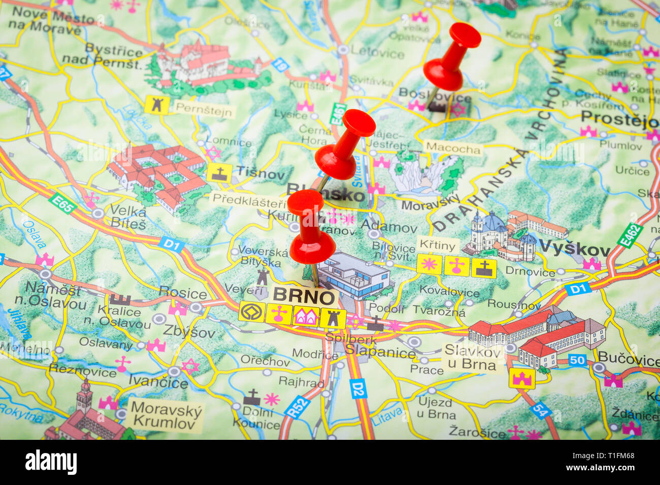 Travel destination points on a map indicated with colorful thumbtacks ...