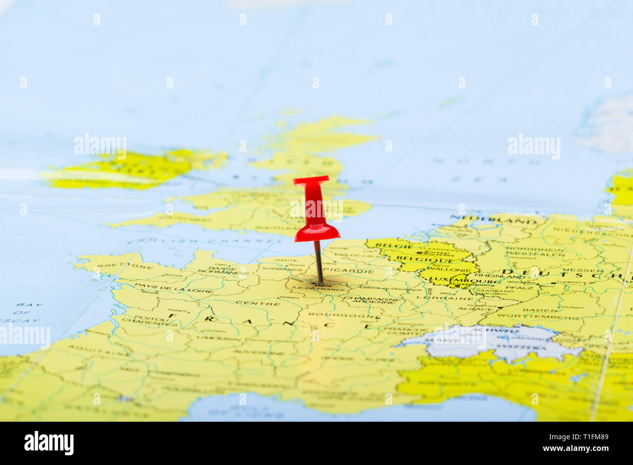 Travel destination points on a map indicated with colorful thumbtacks ...