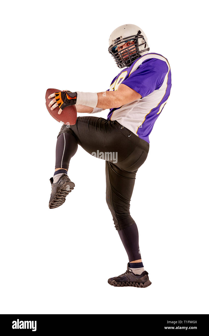 Football Player in action with ball in the hand isolated on white ...