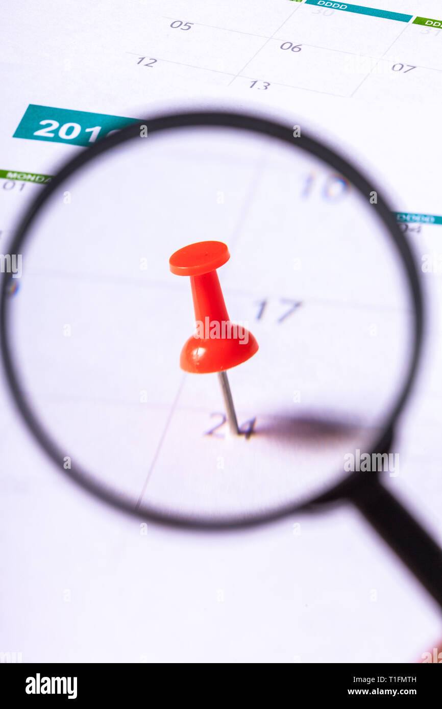 Concept image of a calendar with red push pin Stock Photo - Alamy