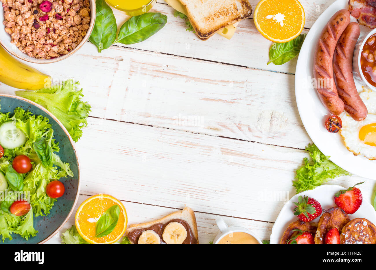 Different types of breakfast background Stock Photo - Alamy