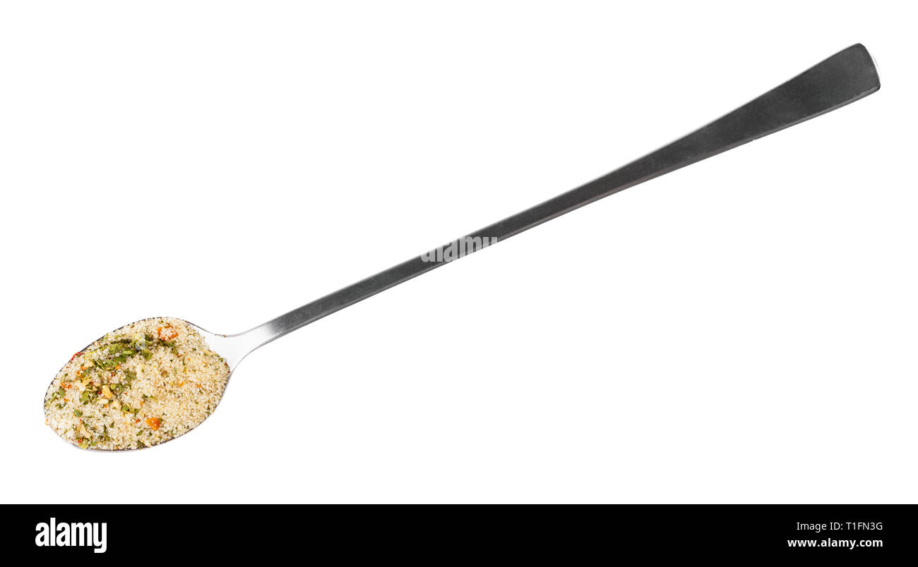 top view of steel teaspoon with seasoned salt with dried vegetables and ...