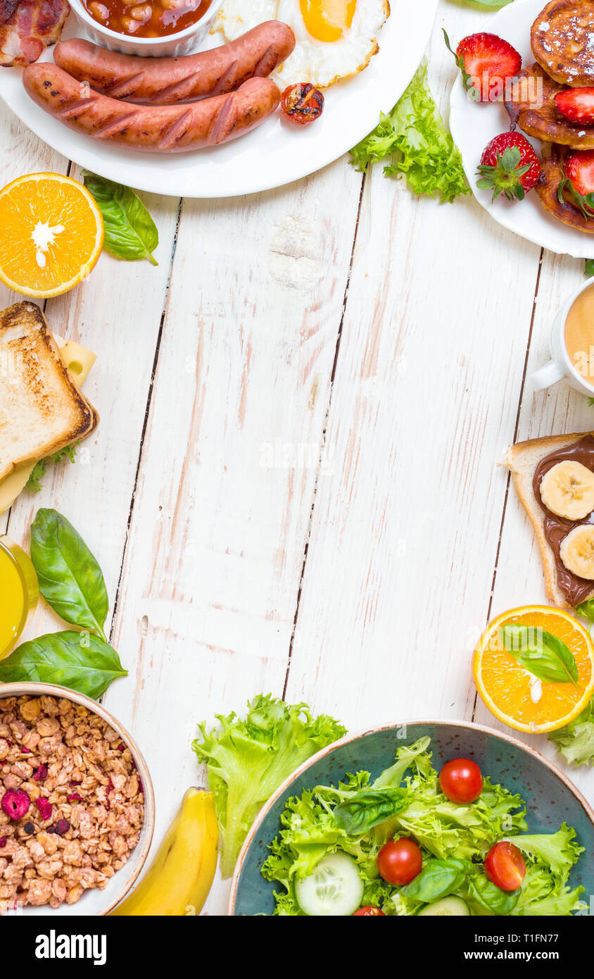 Different types of breakfast background Stock Photo - Alamy