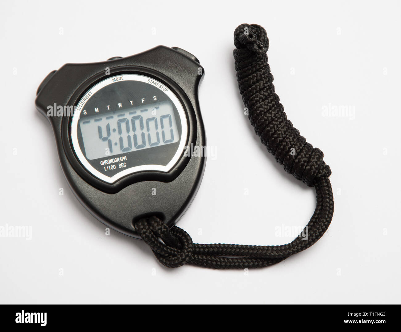 digital stop watch showing exactly 4 minutes. Black plastic case with ...
