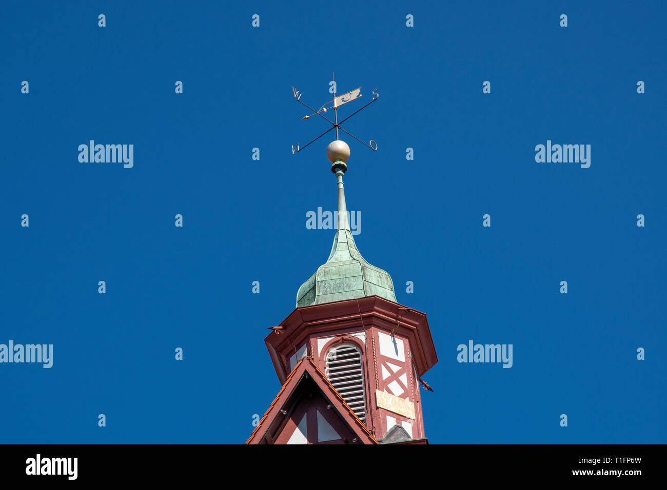 Church tower with weathercock and tin roof Stock Photo - Alamy