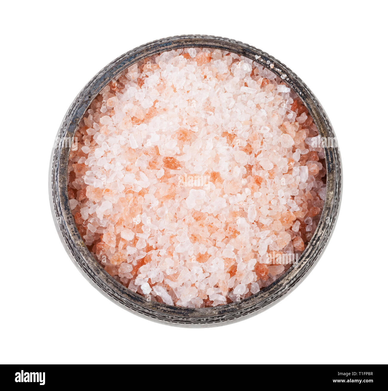 top view of old silver salt cellar with pink Himalayan Salt isolated on ...