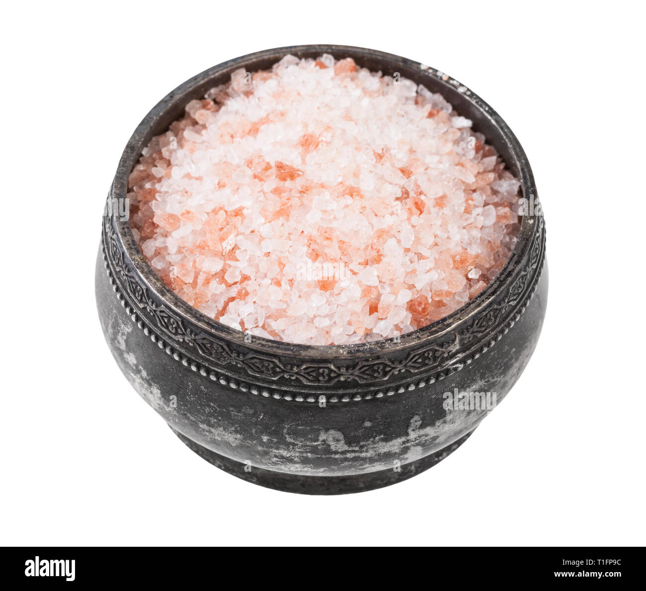 old silver salt cellar with pink Himalayan Salt isolated on white ...