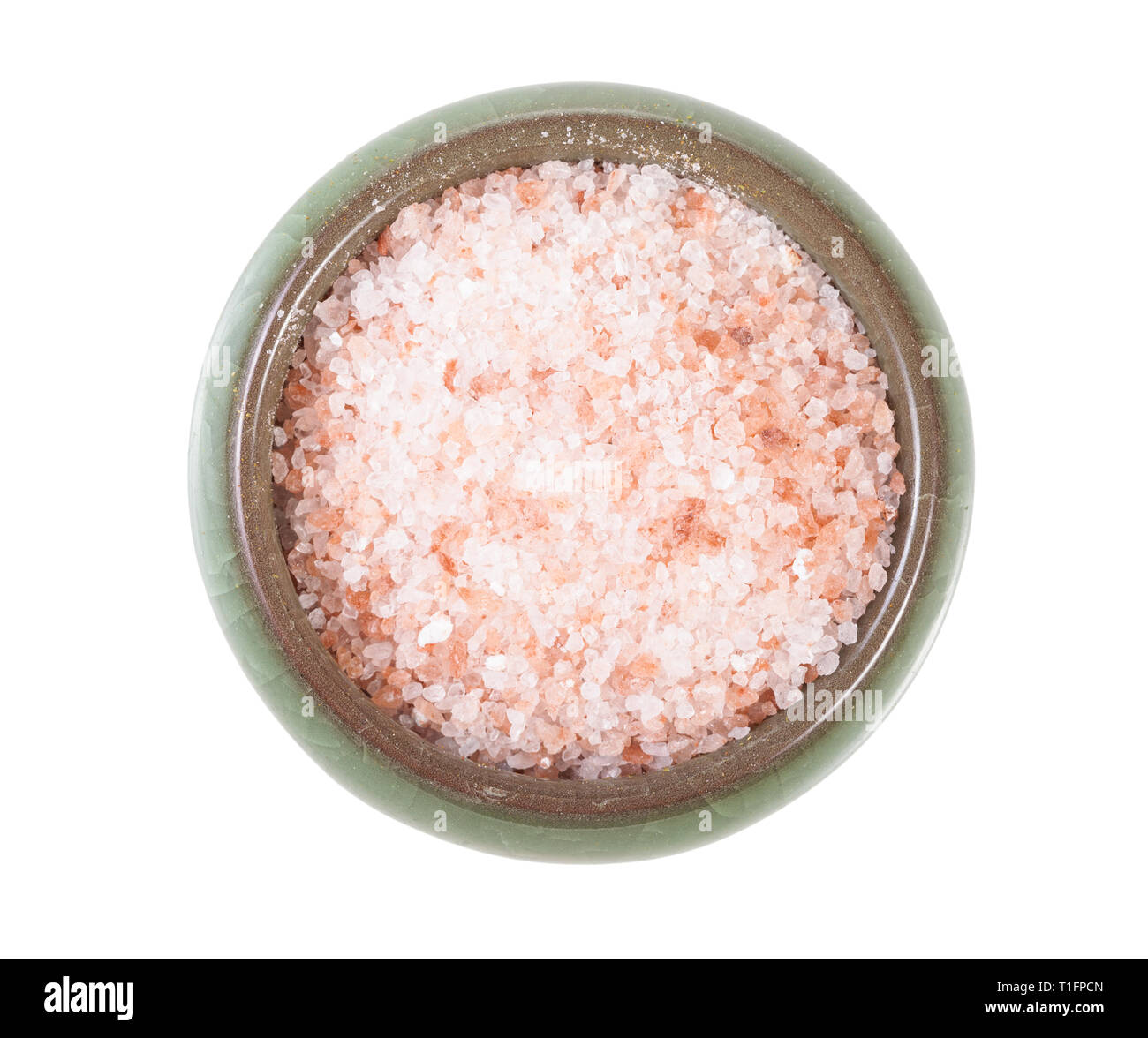 top view of ceramic salt cellar with pink Himalayan Salt isolated on ...