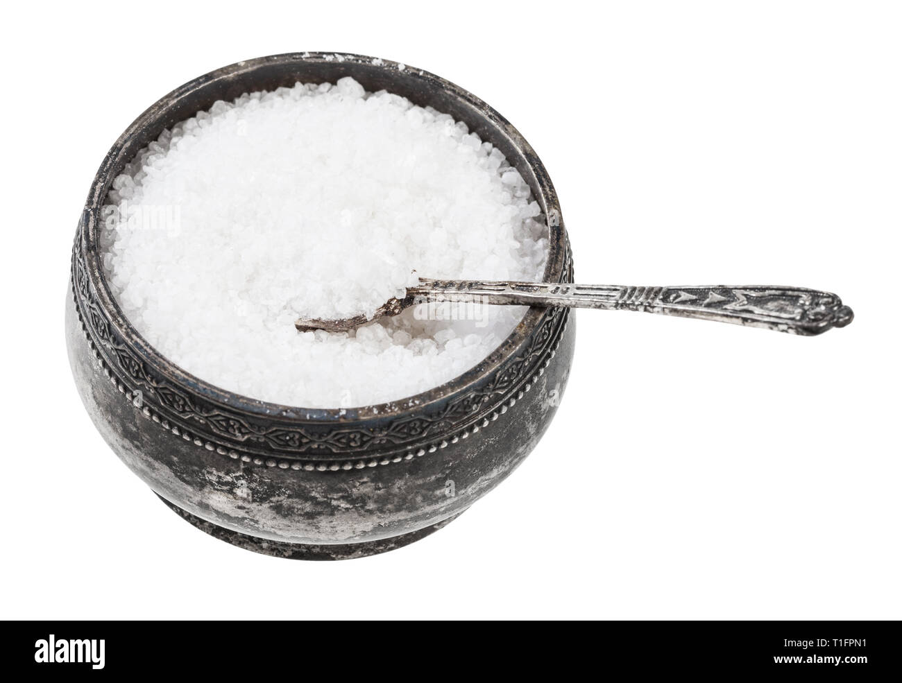 old silver salt cellar with spoon with grained Rock Salt isolated on ...