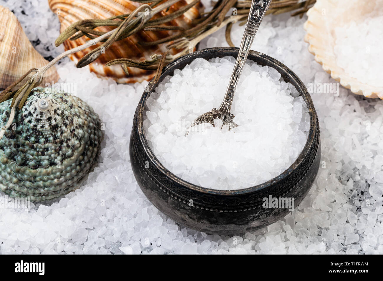 salt cellar with spoon, shells and coarse grained Sea Salt close up ...