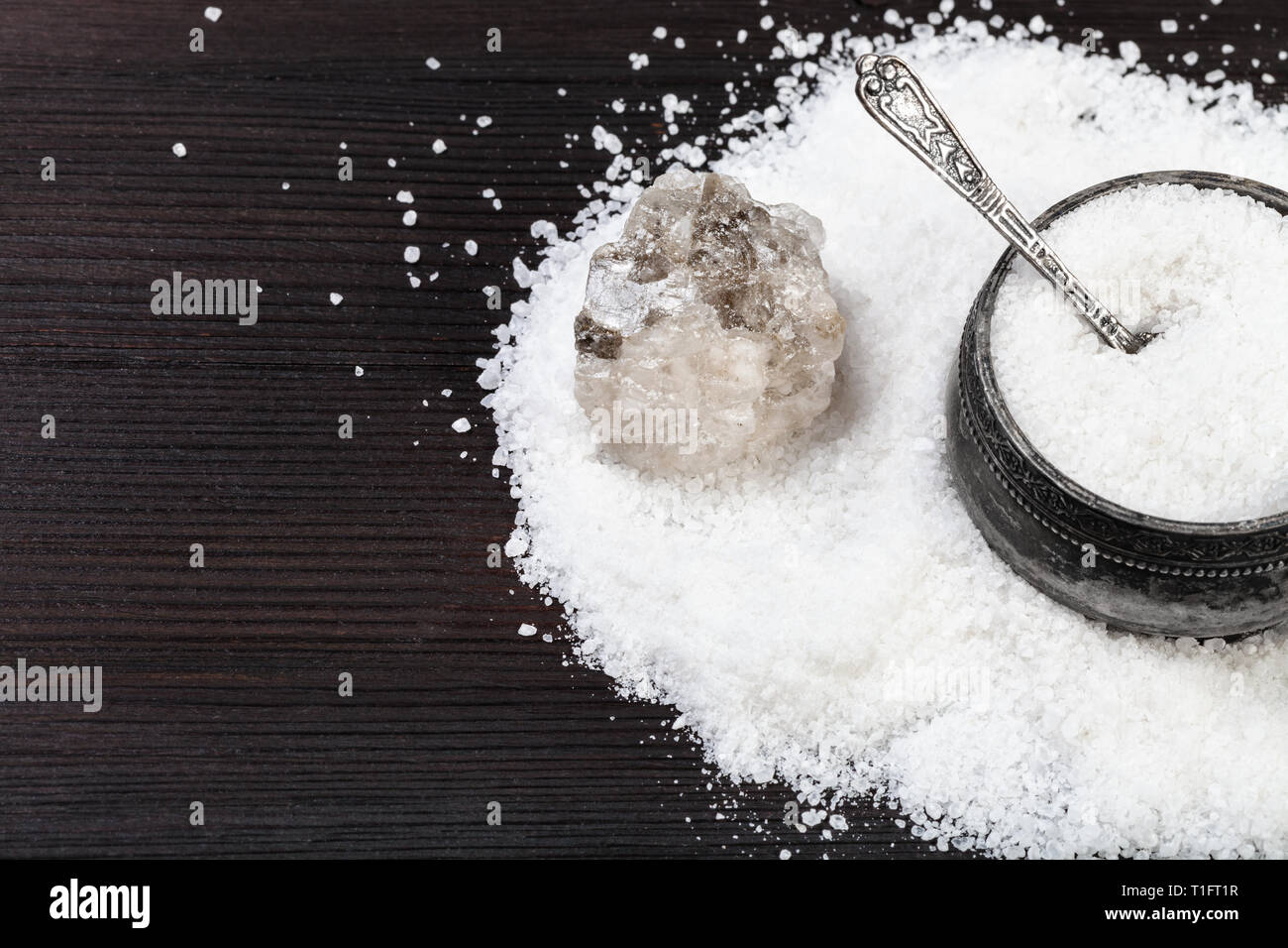 old silver salt cellar with spoon, raw natural Halite mineral and ...