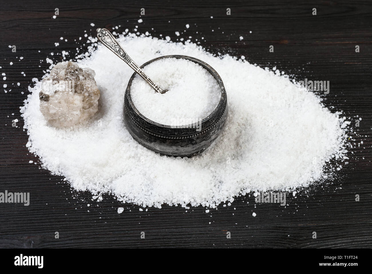 vintage silver salt cellar with spoon, rough natural Halite mineral and ...