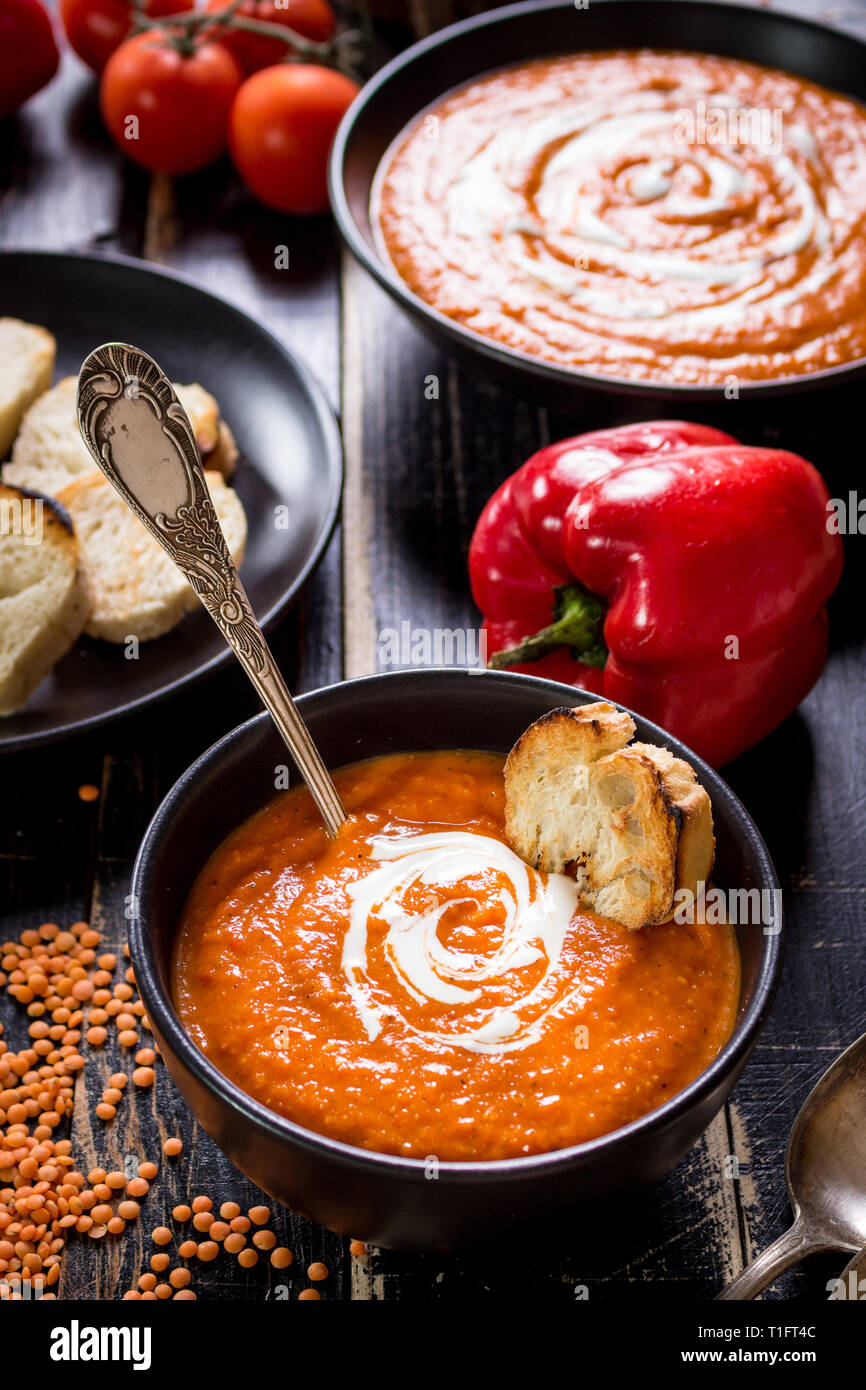 Pumpkin soup with heavy cream Stock Photo - Alamy