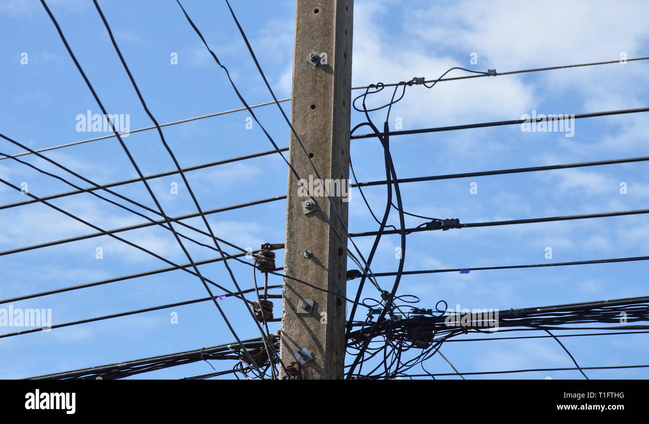 electric pole and complex cable wire on sky background Stock Photo - Alamy