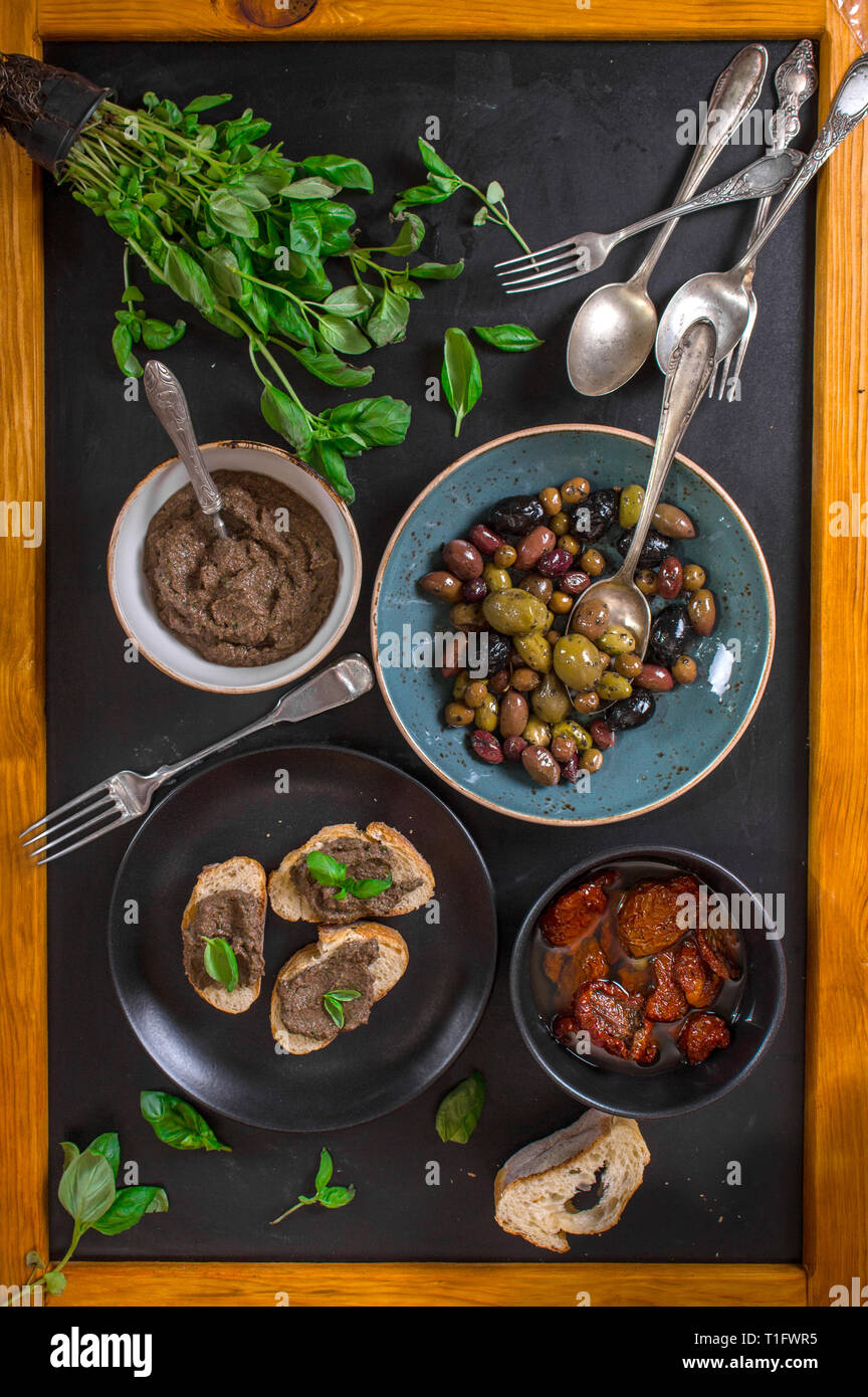 Tapenade and assorted provence snacks Stock Photo - Alamy