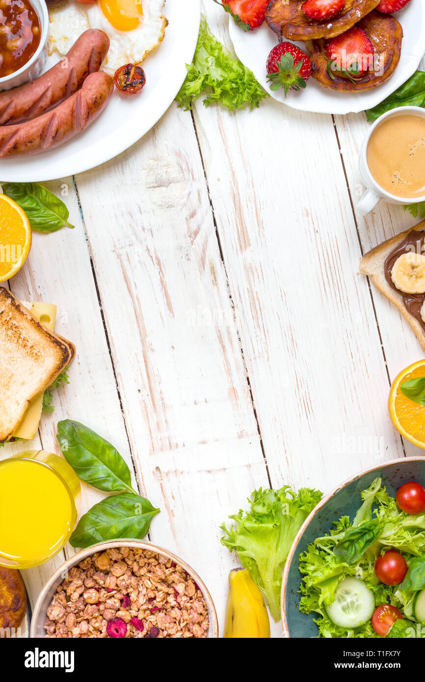 Different types of breakfast background Stock Photo - Alamy