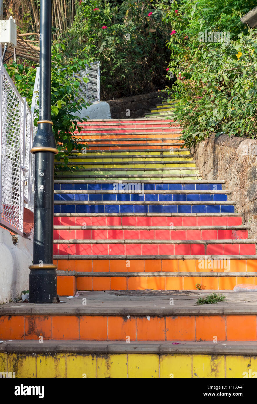 Colorful flight of stairs in Fontainhas, Panaji (Panjim), Goa, India ...