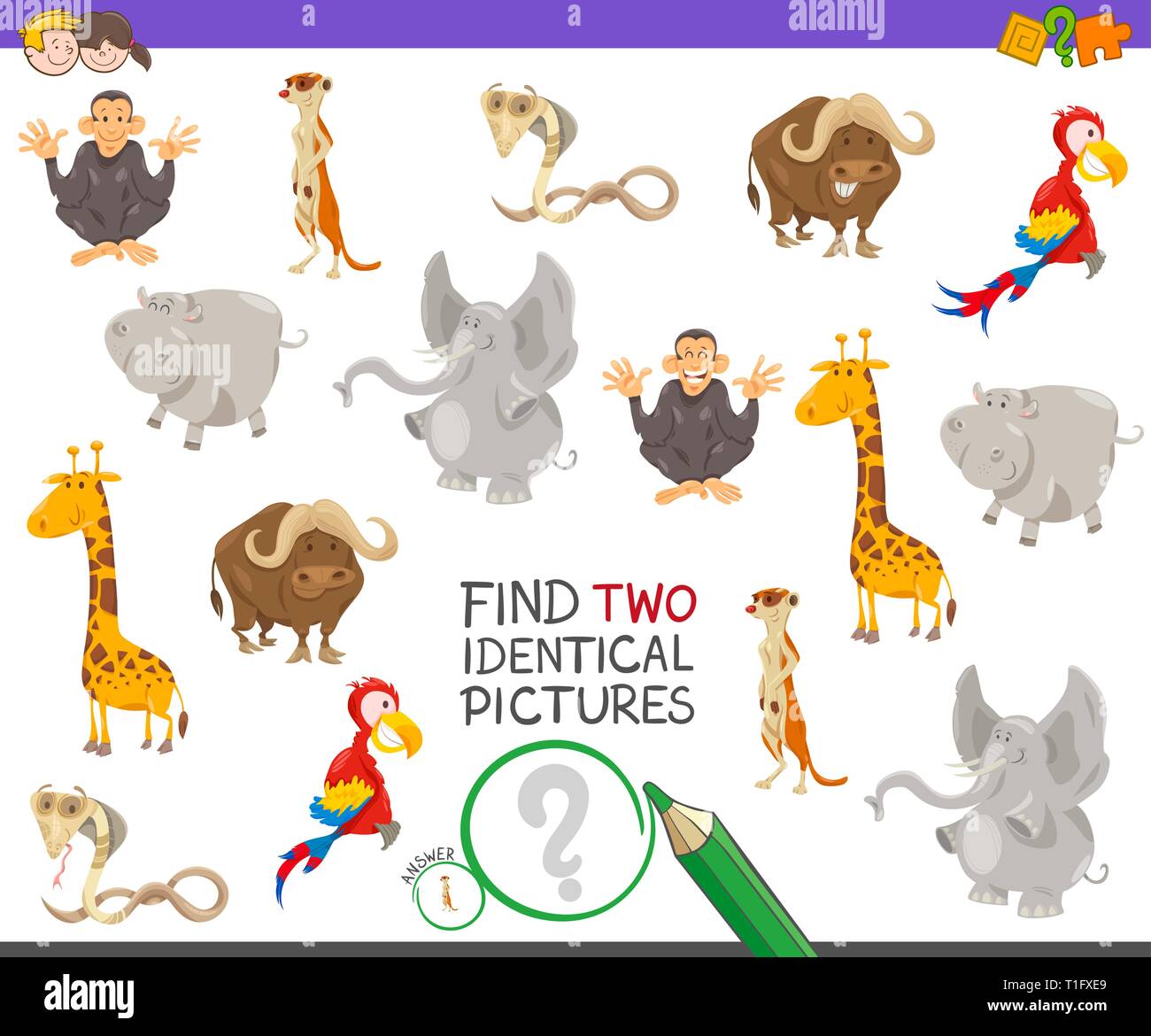 Cartoon Illustration of Finding Two Identical Pictures Educational Game ...