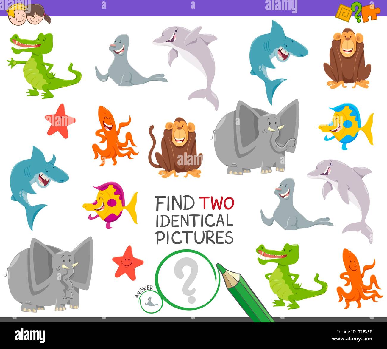 Cartoon Illustration of Finding Two Identical Pictures Educational Game ...