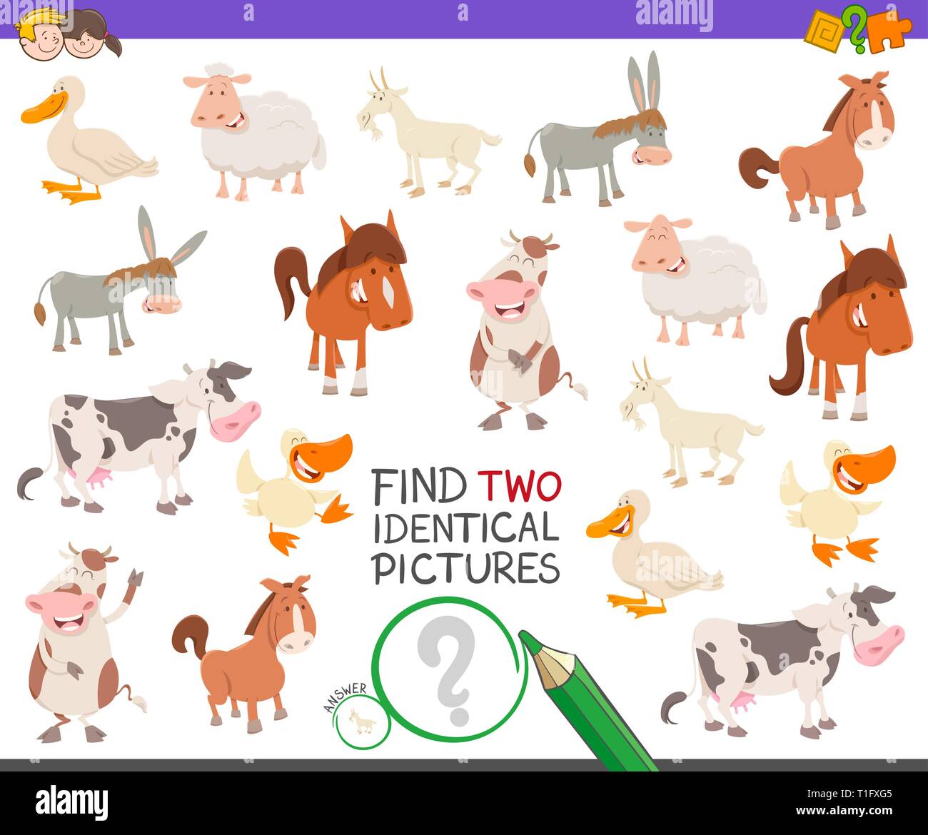 Cartoon Illustration of Finding Two Identical Pictures Educational Game ...