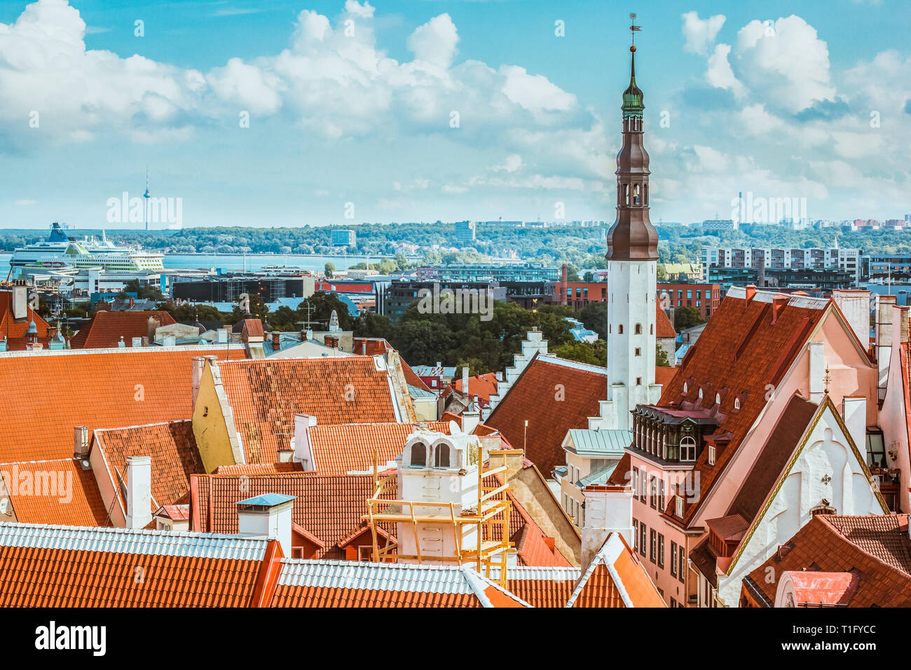 Scenic summer aerial panorama of the Old Town architecture in Tallinn ...