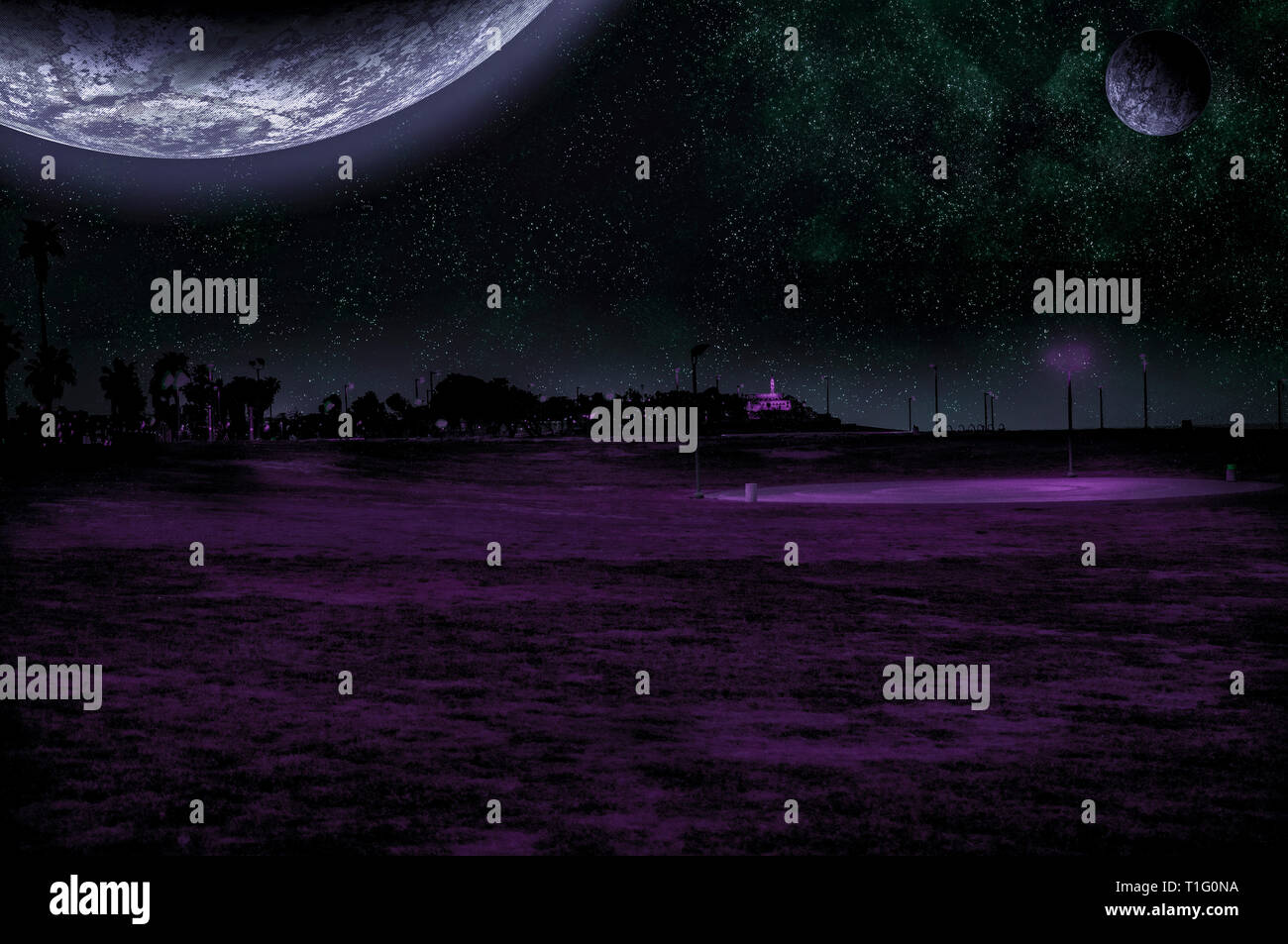 Digitally enhanced image of an alien landscape with a large planet and ...