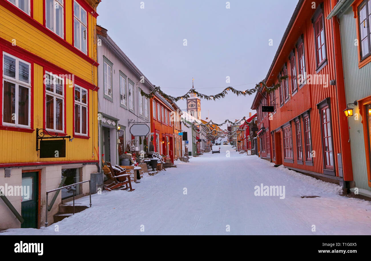 The street in the norwegian town Roeros, decorated for Christmas in the ...