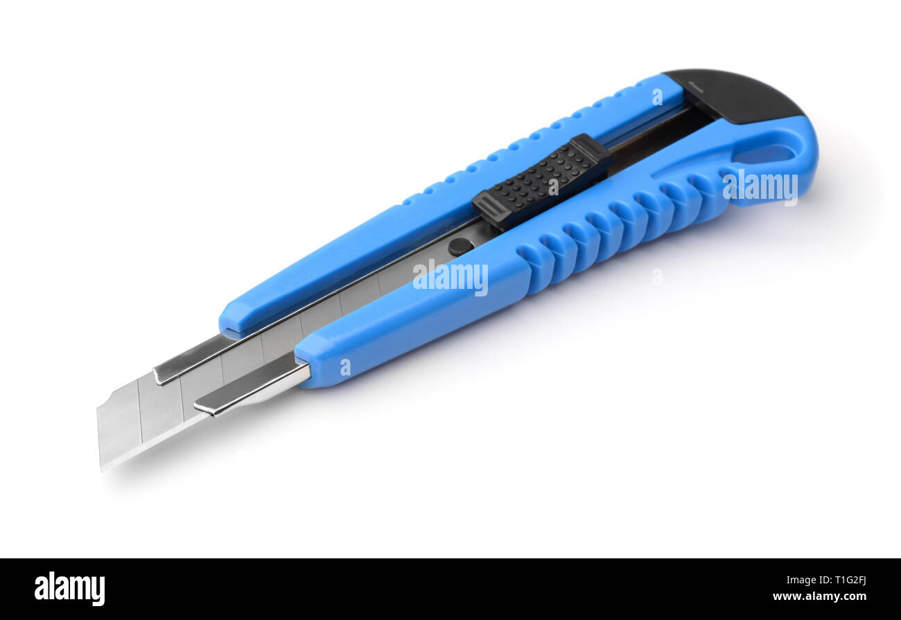 Blue box cutter isolated on white Stock Photo - Alamy