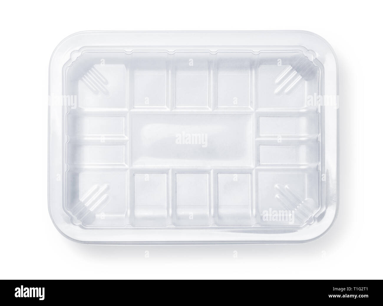 Top view of transparent plastic food packing tray isolated on white ...