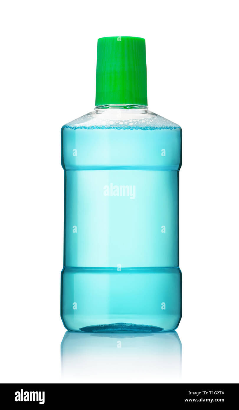 Plastic bottle of blue mouthwash isolated on white Stock Photo - Alamy