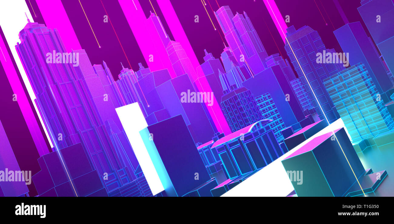 Abstract 3d city rendering with lines and digital elements retro wave ...